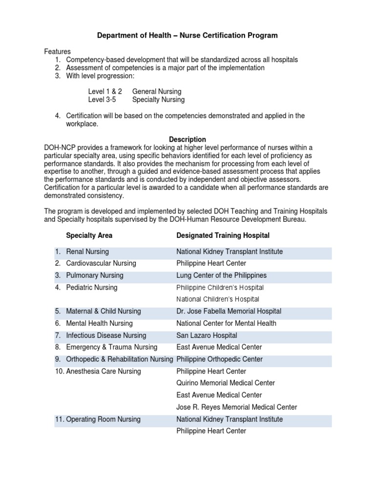 DOH Program Certification | Nursing | Hospital