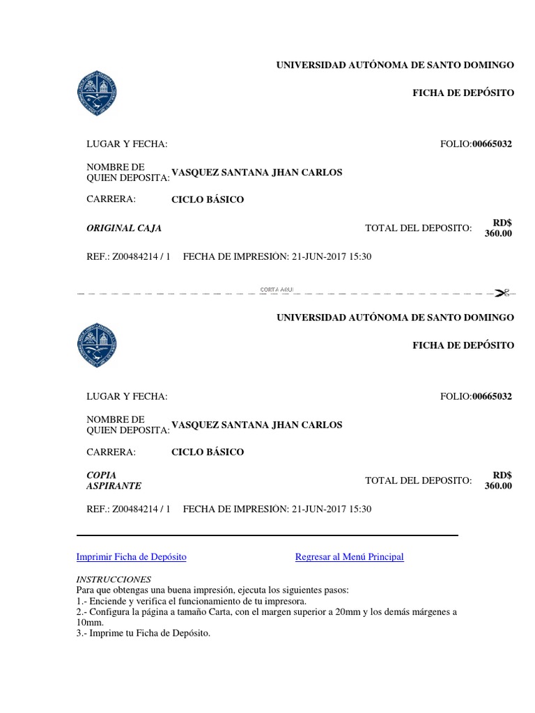 Ficha de Depósito UASD | PDF