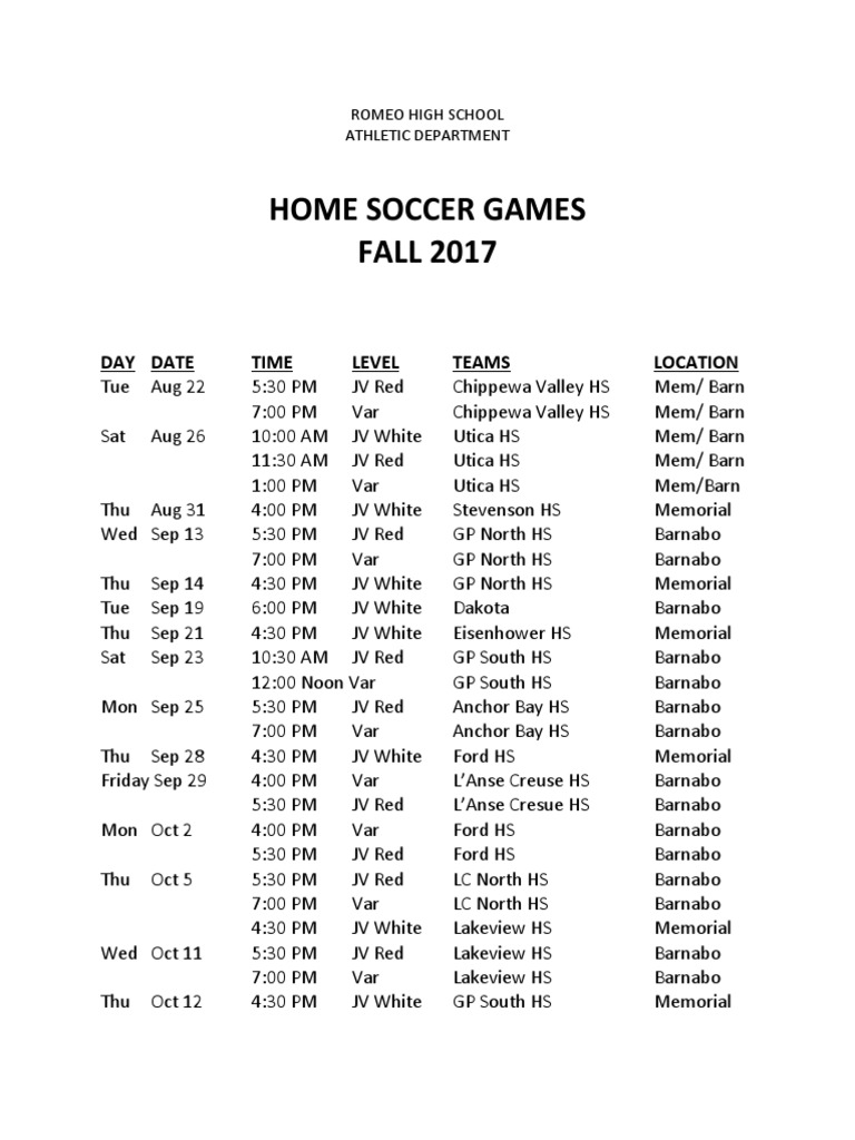 2017 Fall Home Soccer Games | PDF