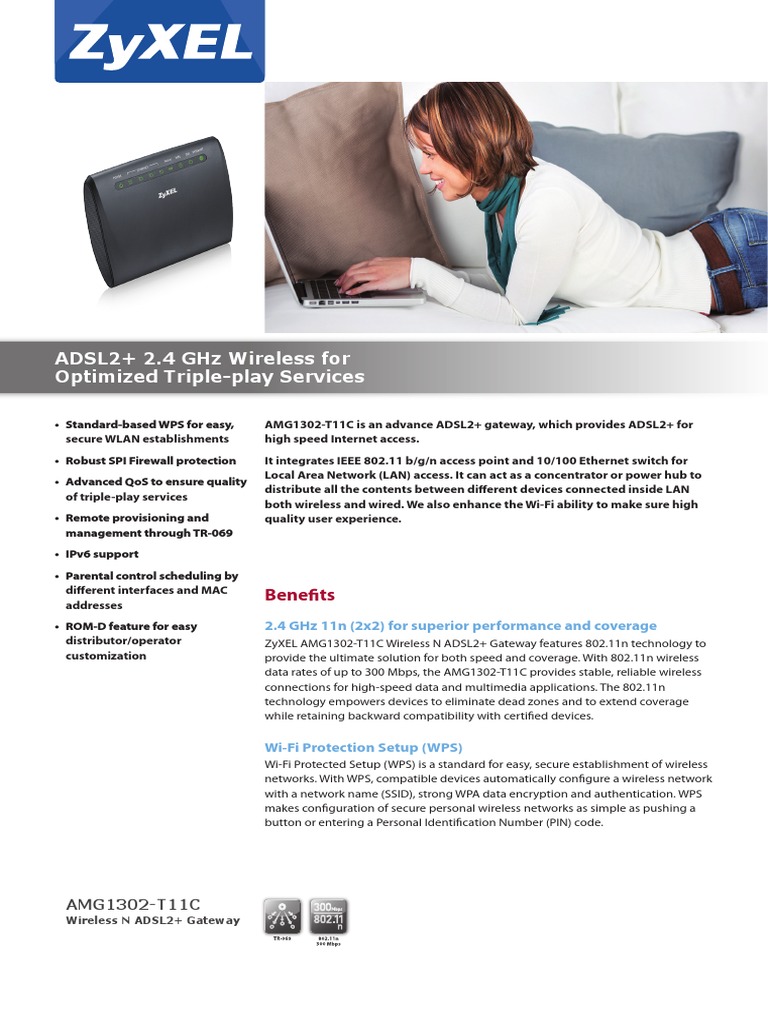 ZyXEL AMG1302-T11C Wireless-N ADSL2+ 4-Port Gateway Datasheet | PDF ...
