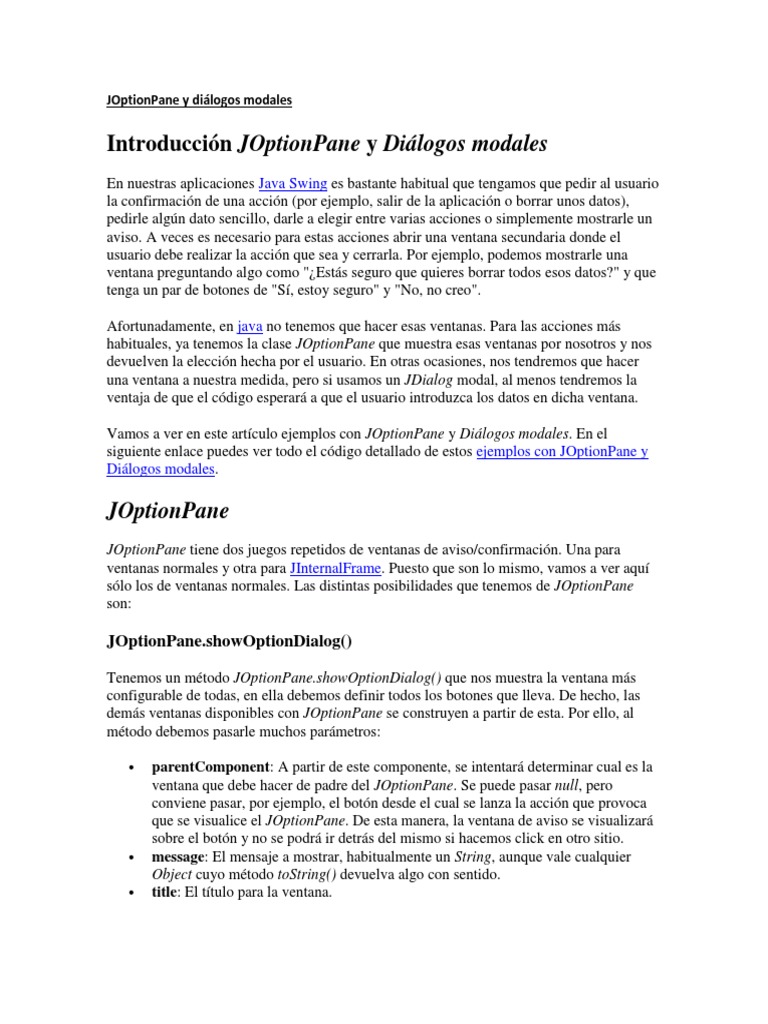 JOptionPane y Diálogos Modales | PDF | Ventana (informática) | Java ...
