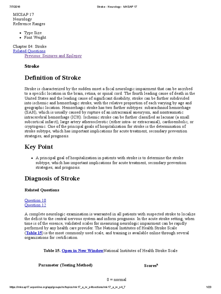 Stroke - Neurology - MKSAP 17 | PDF | Stroke | Angiography