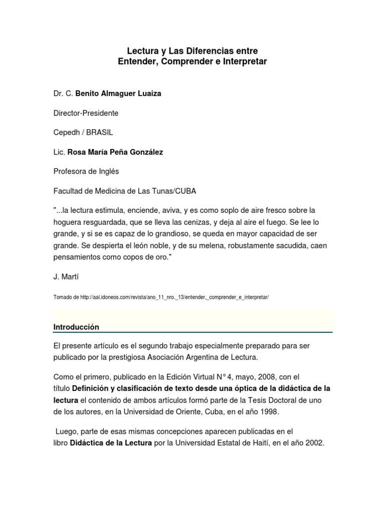 Entender, Comprender e Interpretar 1 | PDF | Lectura (proceso) | Concepto