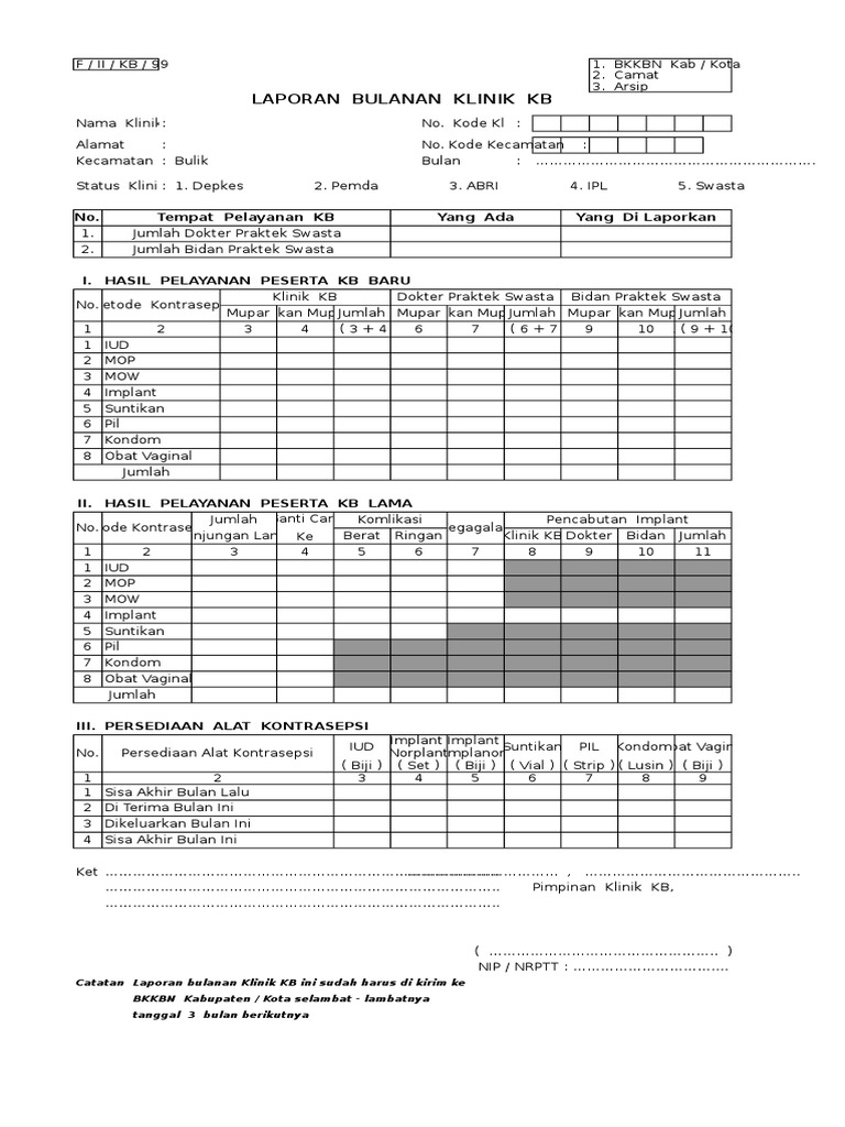 Blangko Laporan Bulanan Klinik KB | PDF | Sains & Matematika