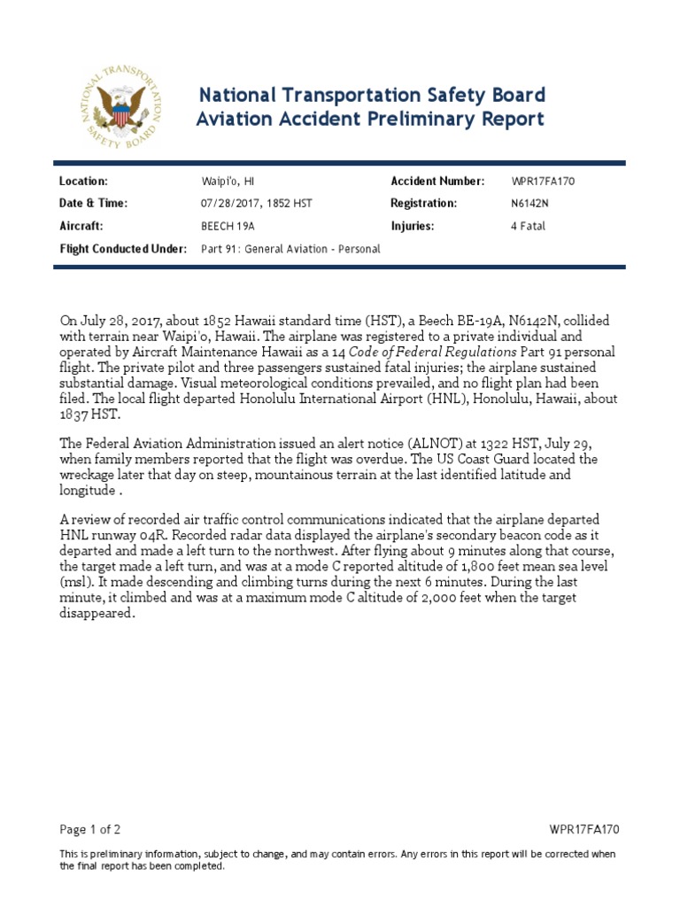 NTSB Preliminary Plane Crash Report, July 2017 | PDF | Aviation ...
