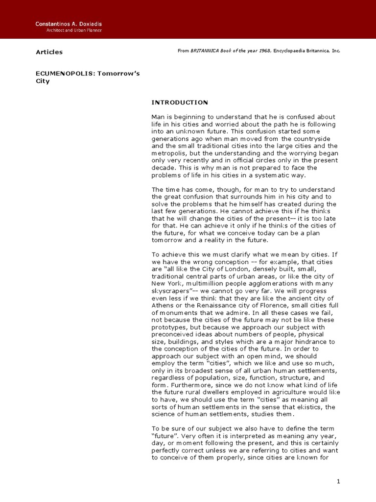 DOXIADIS, Constantino Ecumenopolis Tommoro's City PDF | Download Free PDF | Utopia