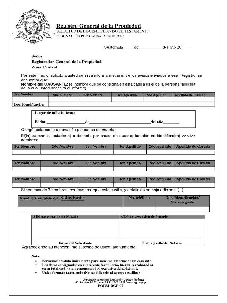 Formularios de Solicitud de Informe de Testamentos o Donaciones Por ...