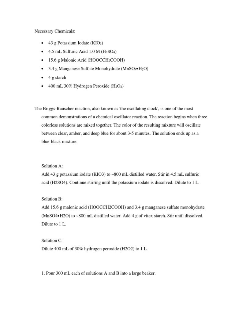 Briggs-Rauscher Reaction Procedure | PDF | Sets Of Chemical Elements ...