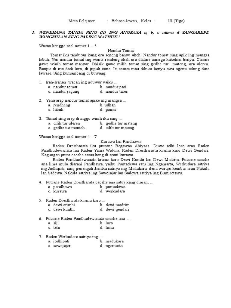 Soal Us Mapel Bahasa Jawa Kls III | PDF