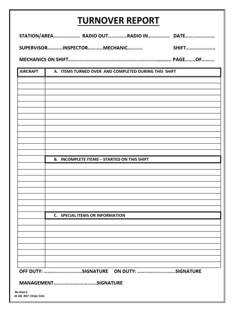 Turnover Report: Aircraft A. Items Turned Over and Completed During ...