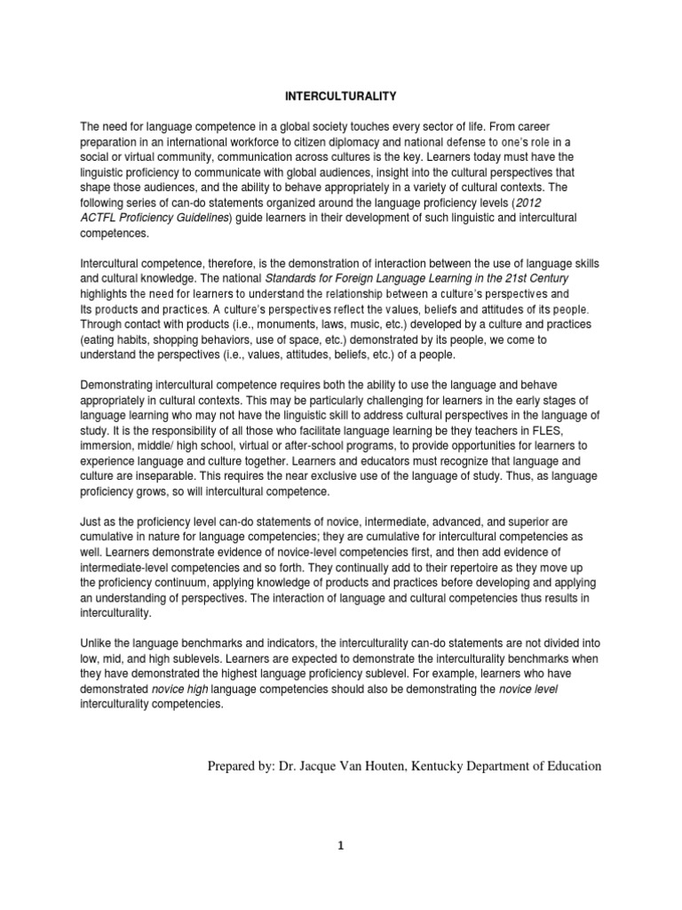 Novice, Intermediate, Advanced Intercultuality Standard, Benchmarks and ...