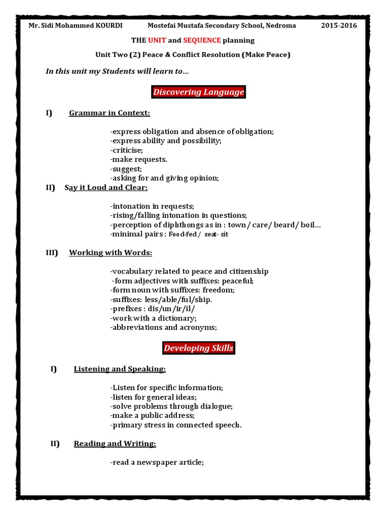 Unit Plan for Teaching Peace and Conflict Resolution through Grammar ...