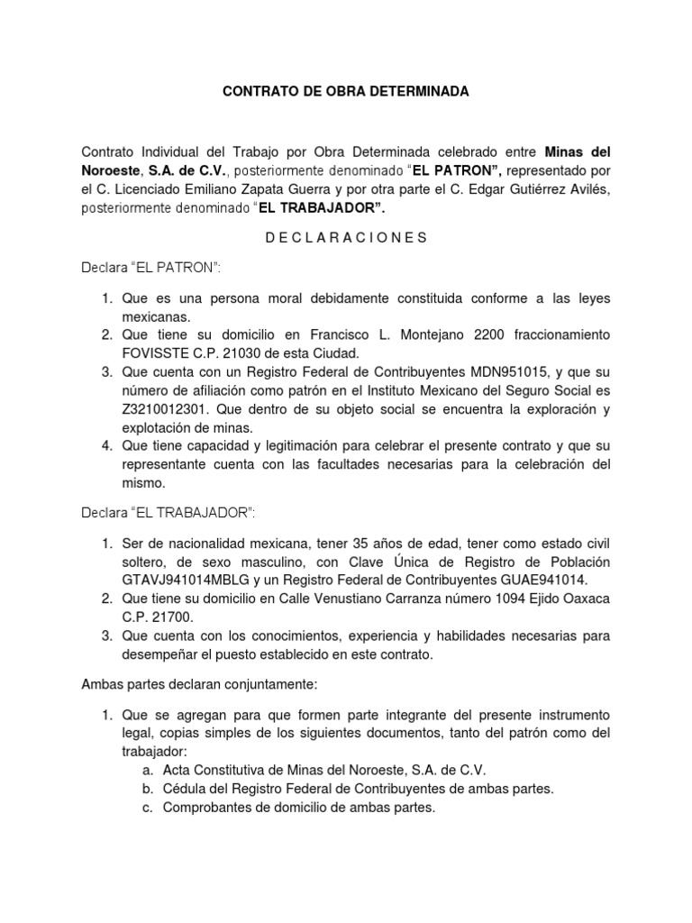 Contrato de Obra Determinada | PDF | La seguridad | México