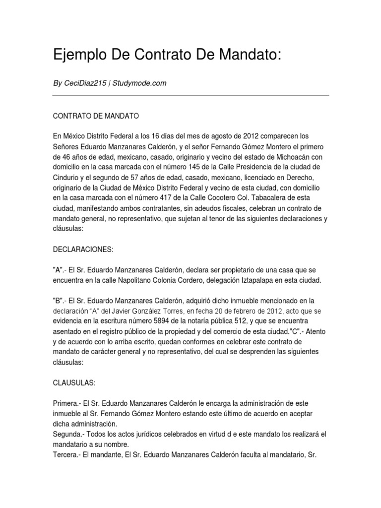 Ejemplo de Contrato de Mandato%3A-26!09!2012 | México | Propiedad