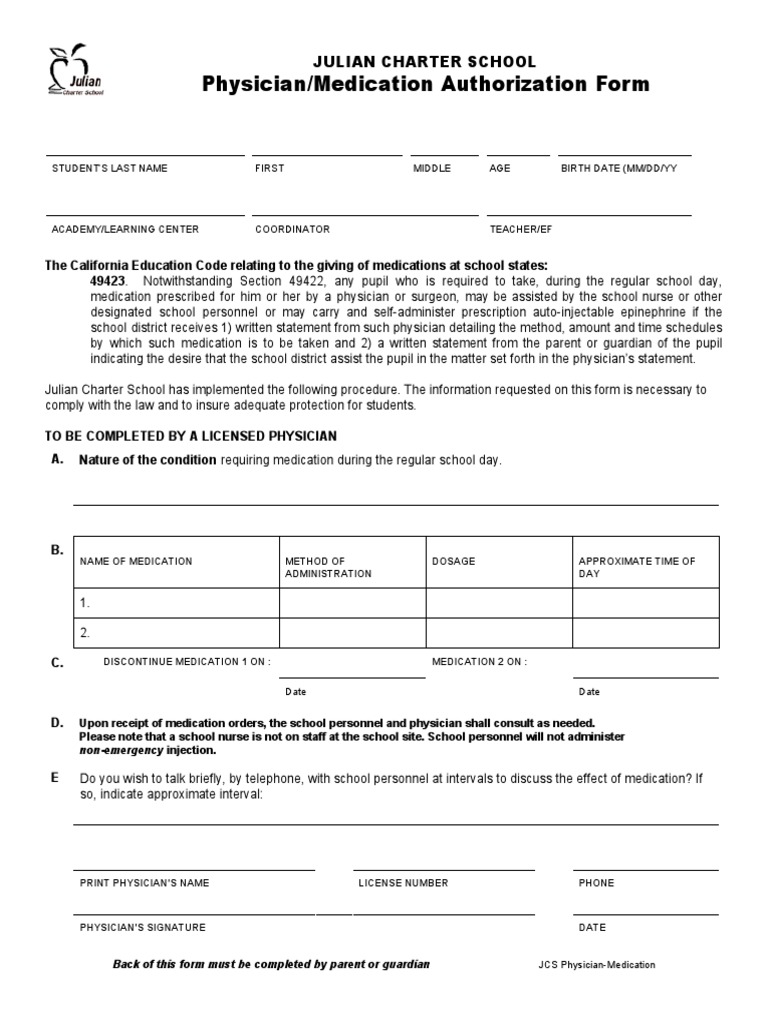 Julian Charter School Medication Form | PDF | Physician | Medical ...