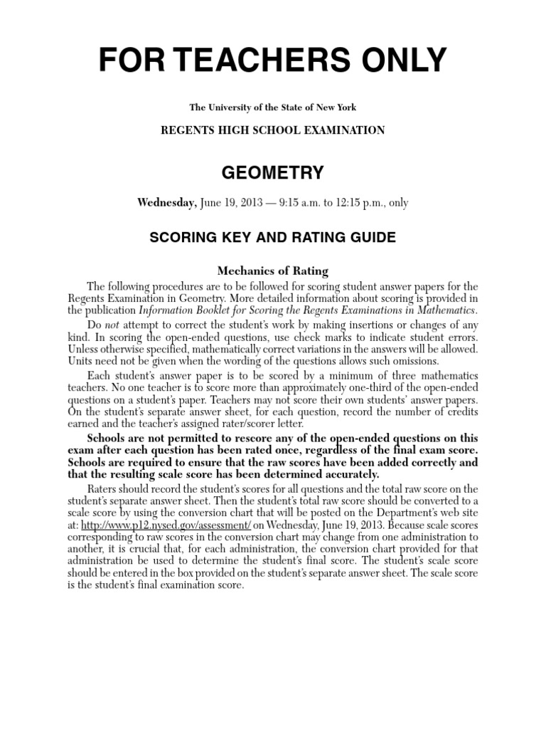 For Teachers Only: Geometry | PDF | Regents Examinations | Rubric ...