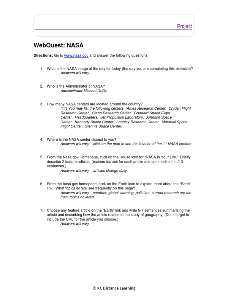 WebQuest NASA Worksheet Answers | PDF