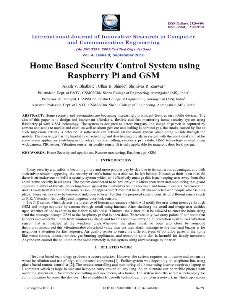 Home Based Security Control System Using Raspberry Pi and GSM | PDF ...