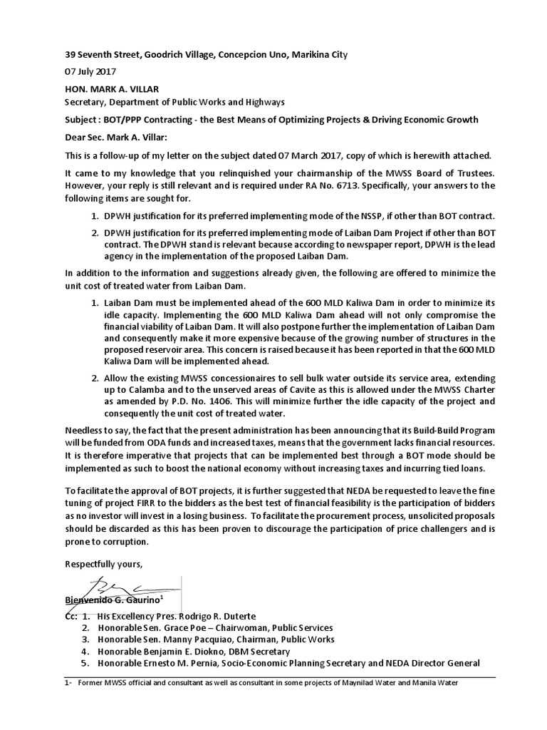 07july2017 Letter To DPWH Sec. Mark Villar | PDF | Public Sphere ...