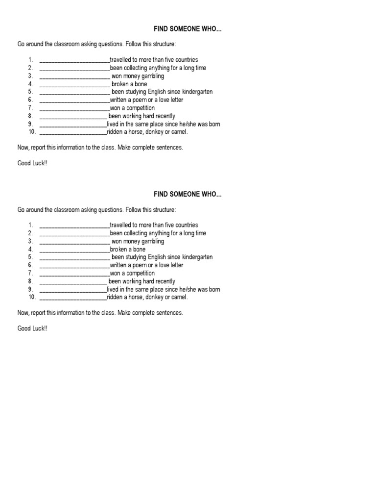 FIND SOMEONE WHO Present Perfect Simple and Continuous. | PDF