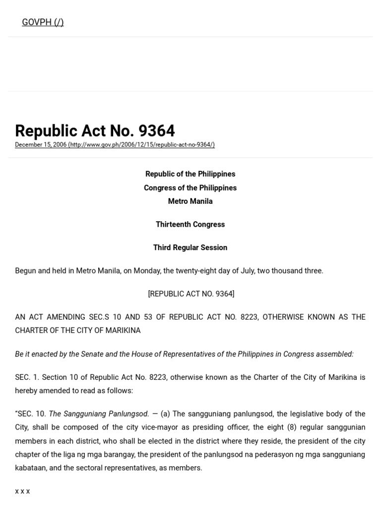 Marikina RA 9364 | PDF | Government | Government Information