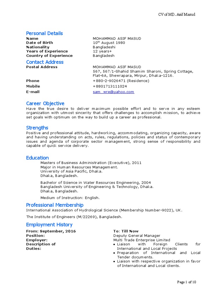 CV of Md. Asif Masud-MTEL (Without Pic) | PDF | Environmental Impact ...