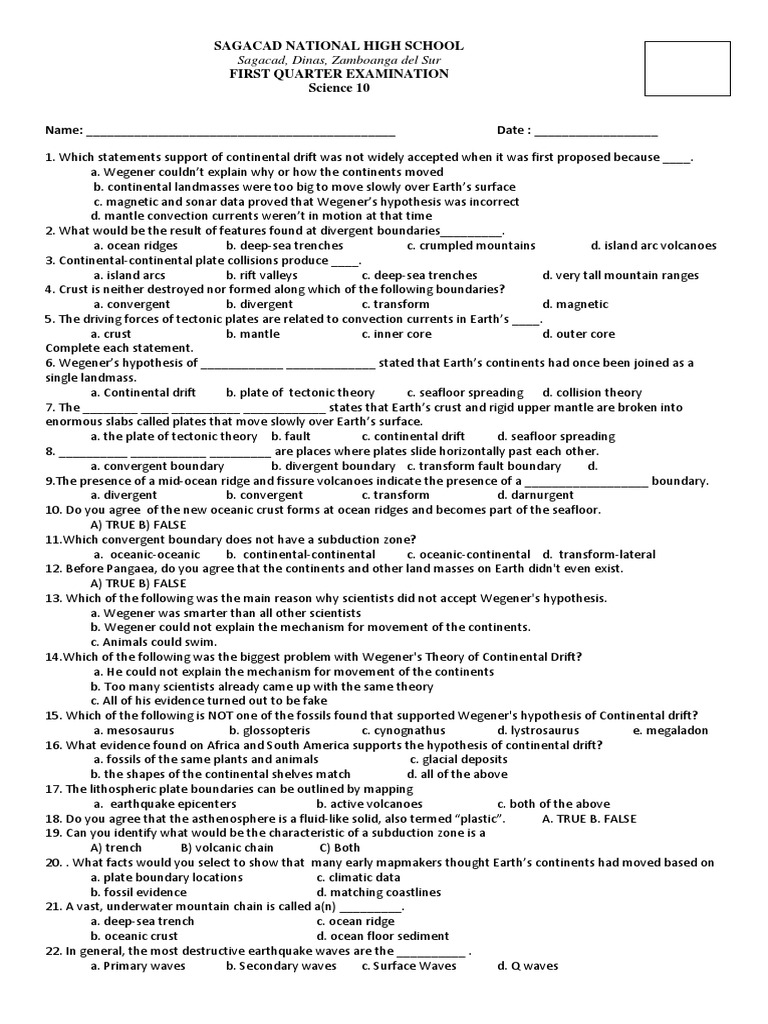 SUMMATIVE TEST IN SCIENCE 10 Jors | PDF | Plate Tectonics | Earthquakes