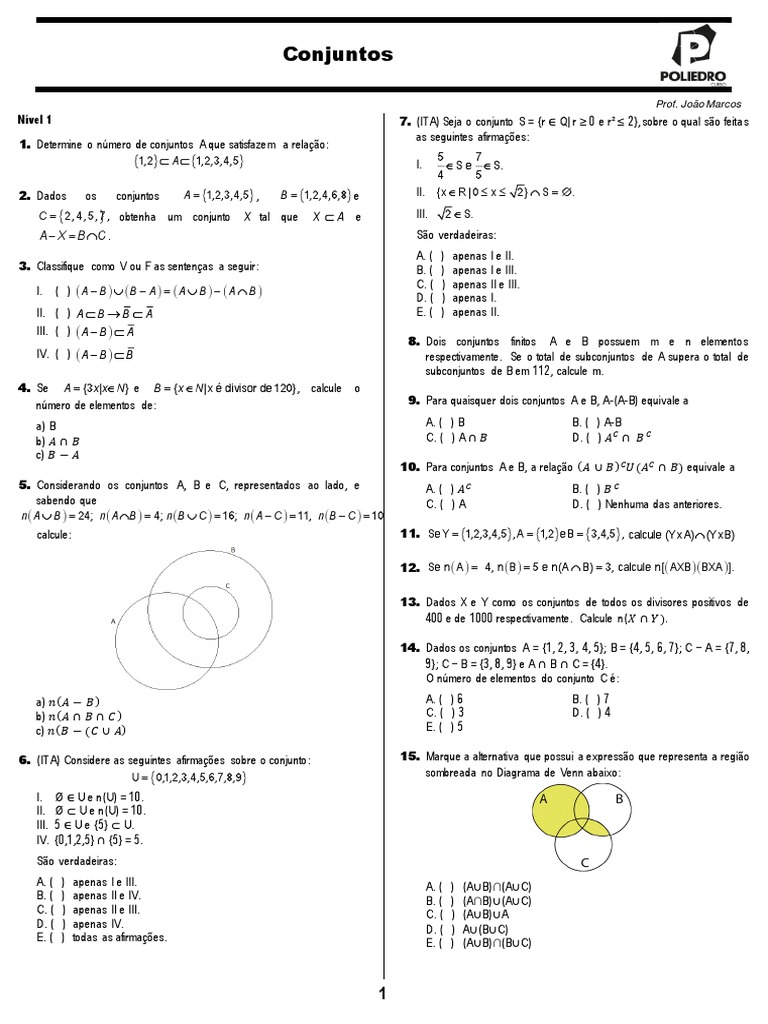 Conjuntos Lista 01 | Conjunto Vazio | Conjunto (Matemática)