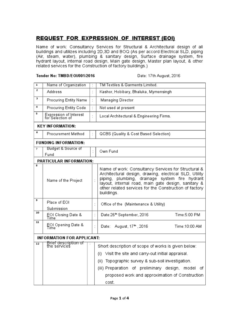 Request For Expression of Interest (Eoi) : Tender No: TMBD/EOI/001/2016 | PDF | Request For ...