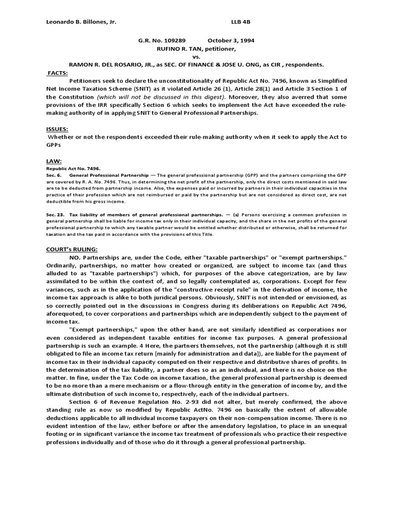 Rufino Tan Vs Ramon Del Rosario | PDF | Partnership | Income Tax