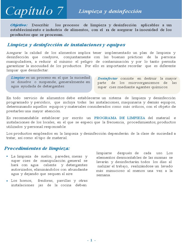 Limpieza y Desinfección de Instalaciones y Equipos | Descargar gratis PDF | Detergente | Agua