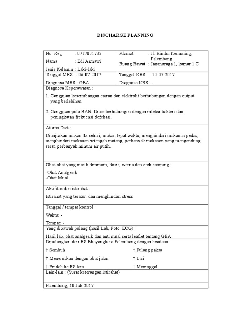 Discharge Planning Pak EDI Print | PDF | Kesehatan Holistik