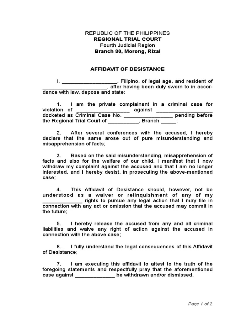 Affidavit of Desistance Sample Form | PDF | Affidavit | Complaint
