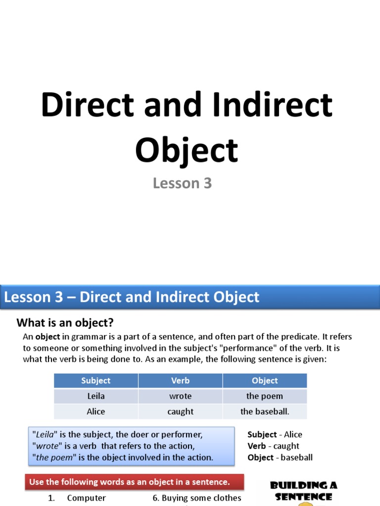 Lesson 3 - Direct and Indirect Object | Subject (Grammar) | Object ...