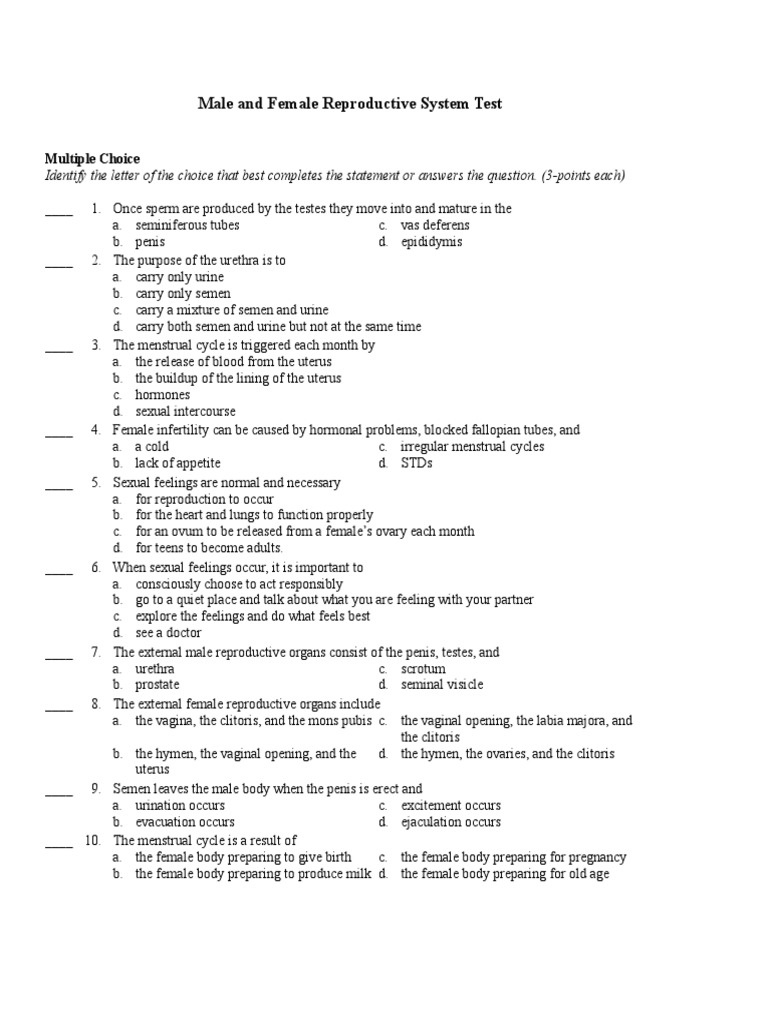 Male and Female Reproductive System Test | PDF | Reproductive System ...