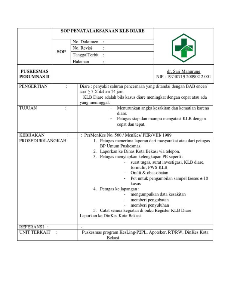 Sop Penatalaksanaan KLB Diare New | PDF