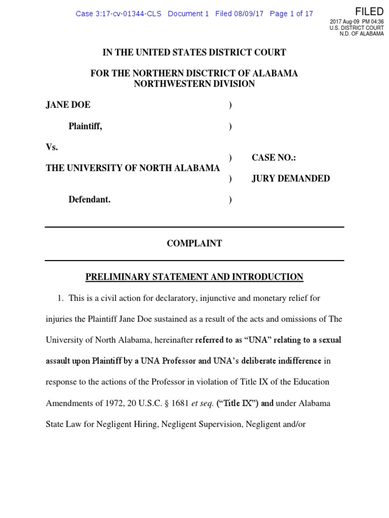Title XI Lawsuit Against UNA | PDF | Title Ix | Negligence