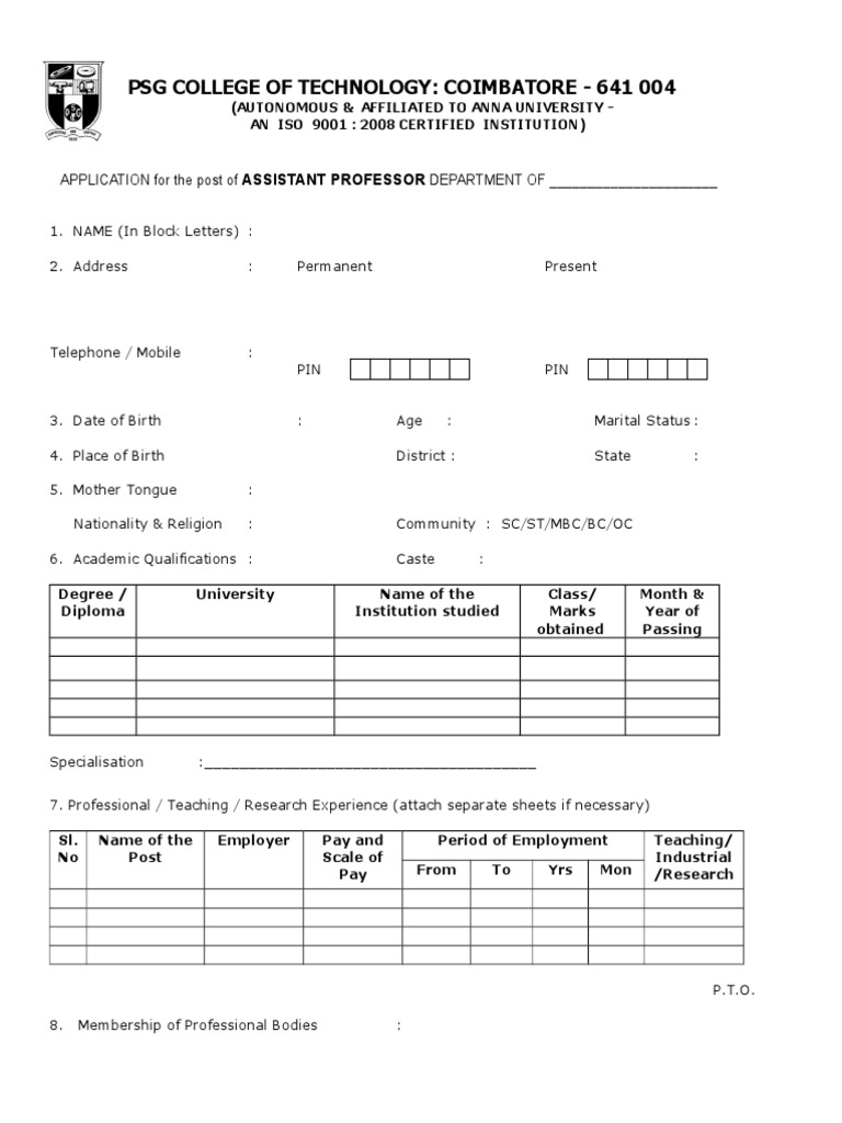 Assistant Professor Application & Details | PDF | Academic Degree ...