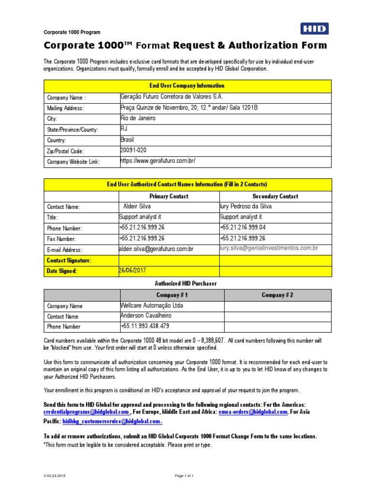 HID Corp 1000 Format Request and Authorization Form (v 03.23.2015 ...