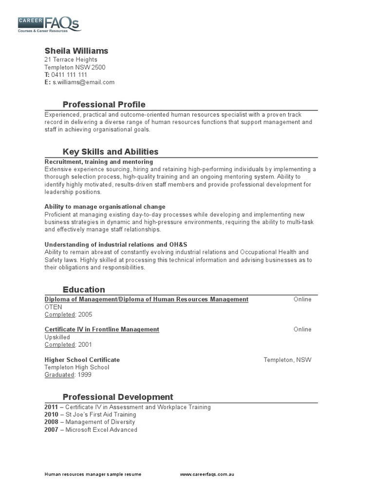 Human Resources Manager Sample Resume | PDF | Human Resource Management ...