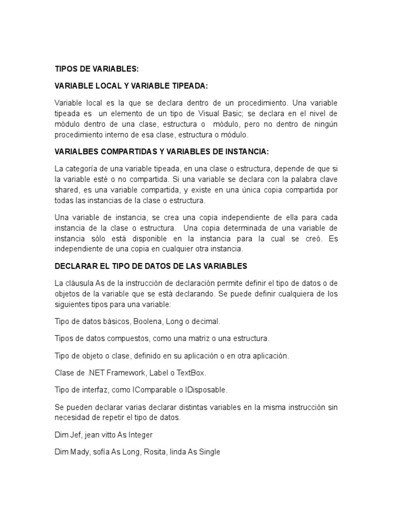 Tipos de Variables en Visual Basic | PDF | Compilador | Básico