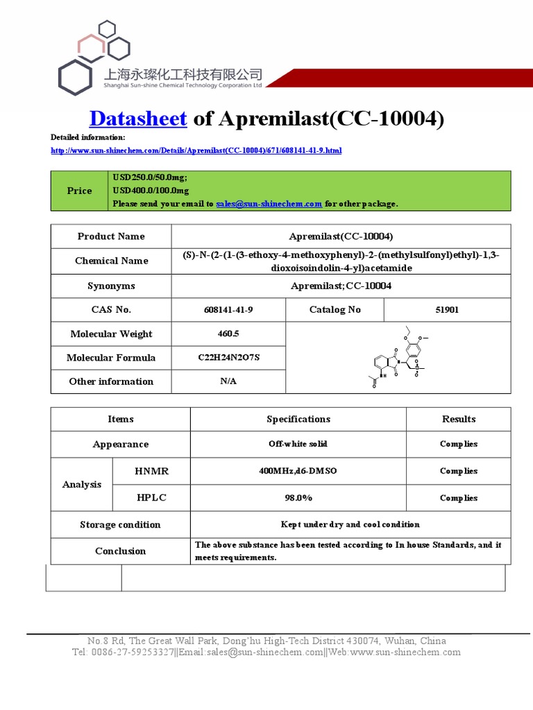 Apremilast (CC-10004) Datasheet | PDF | Drugs | Chemistry