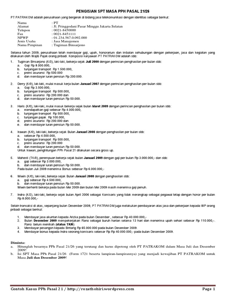 Contoh Kasus SPT PPH PSL 21 | PDF