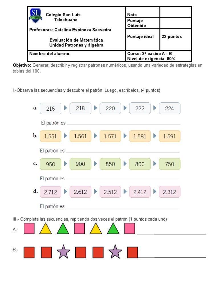 Prueba Unidad 3 Patrones y Algebra | PDF