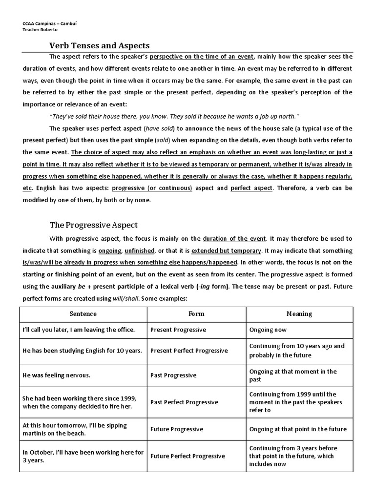 Verb Tenses and Aspects: The Progressive Aspect | PDF | Perfect ...