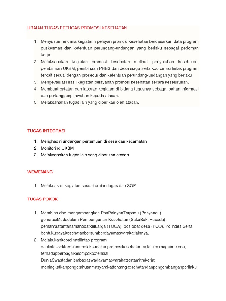 Uraian Tugas Petugas Promosi Kesehatan | PDF
