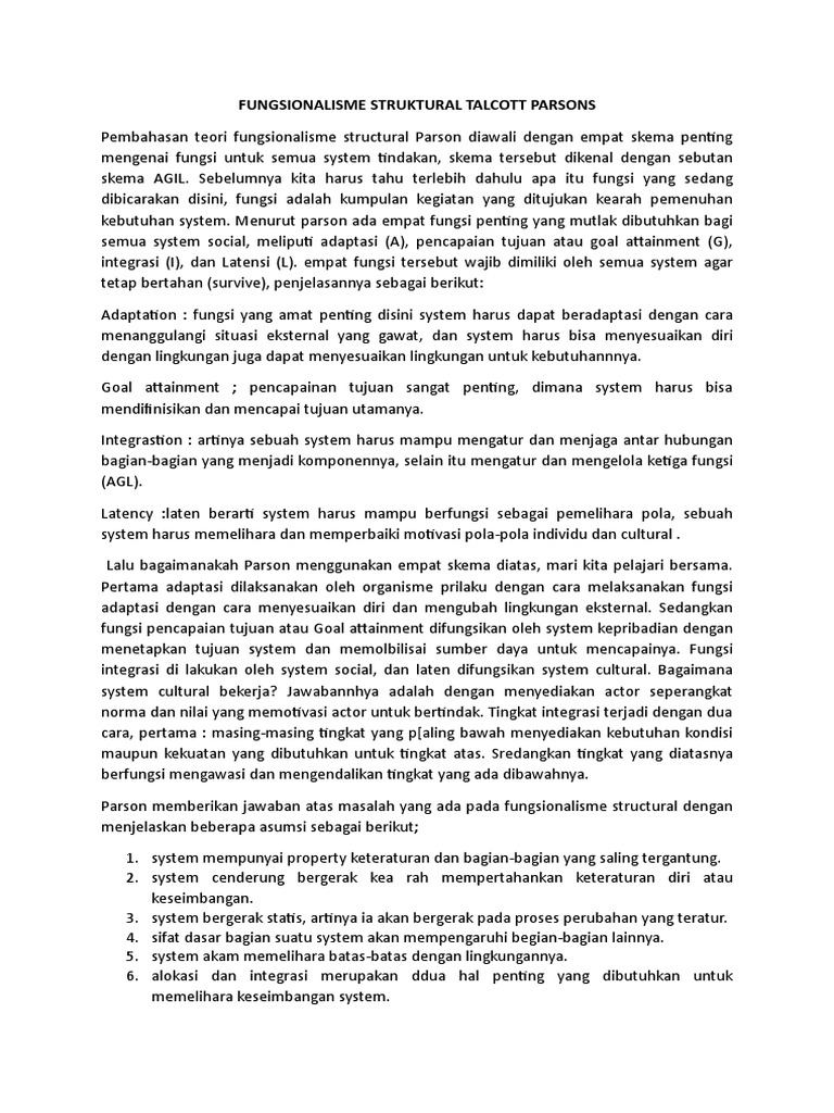 Fungsionalisme Struktural Talcott Parsons | PDF