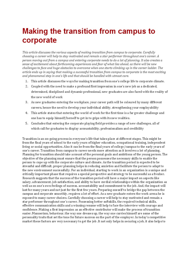 Preparing for the Transition from Campus to Career: Strategies for a ...