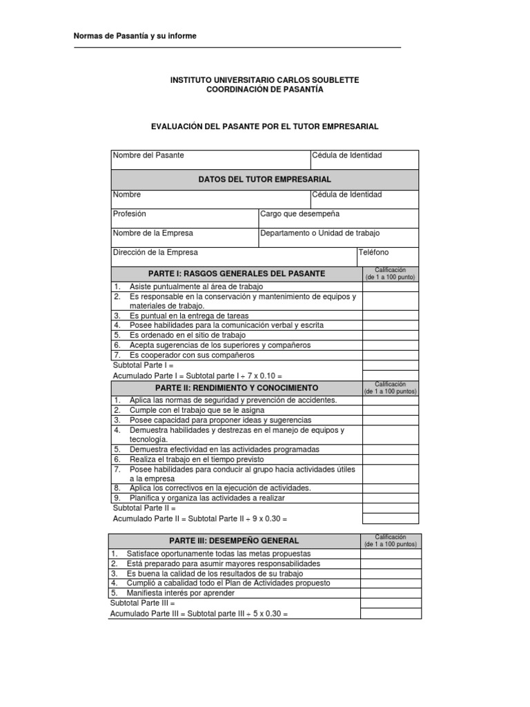 Pasantia - Evaluacion Por Parte Del Tutor Empresarial | PDF | Business | Science