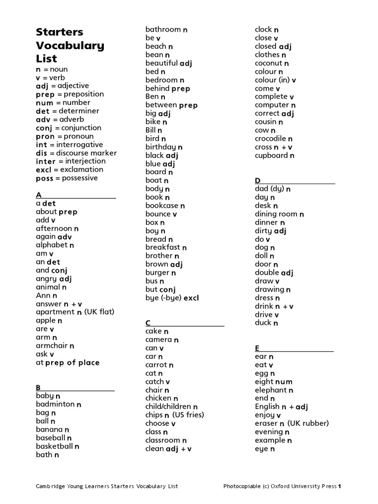 Cambridge Starters Vocabulary List 2024 | PDF | Adjective | Syntax